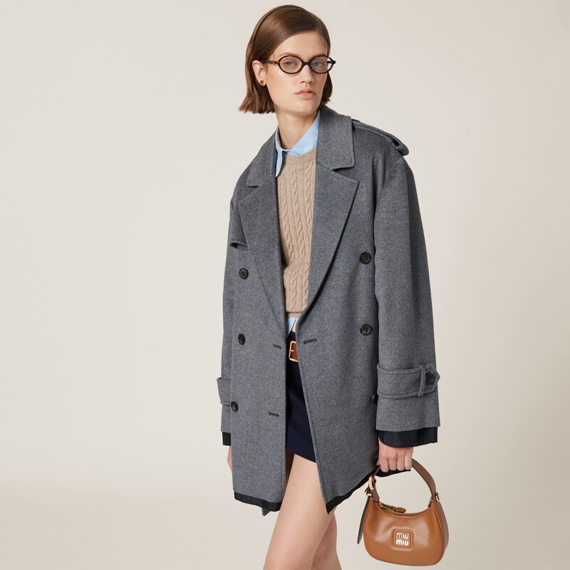 Grey Double-breasted Velour Coat | Miu Miu