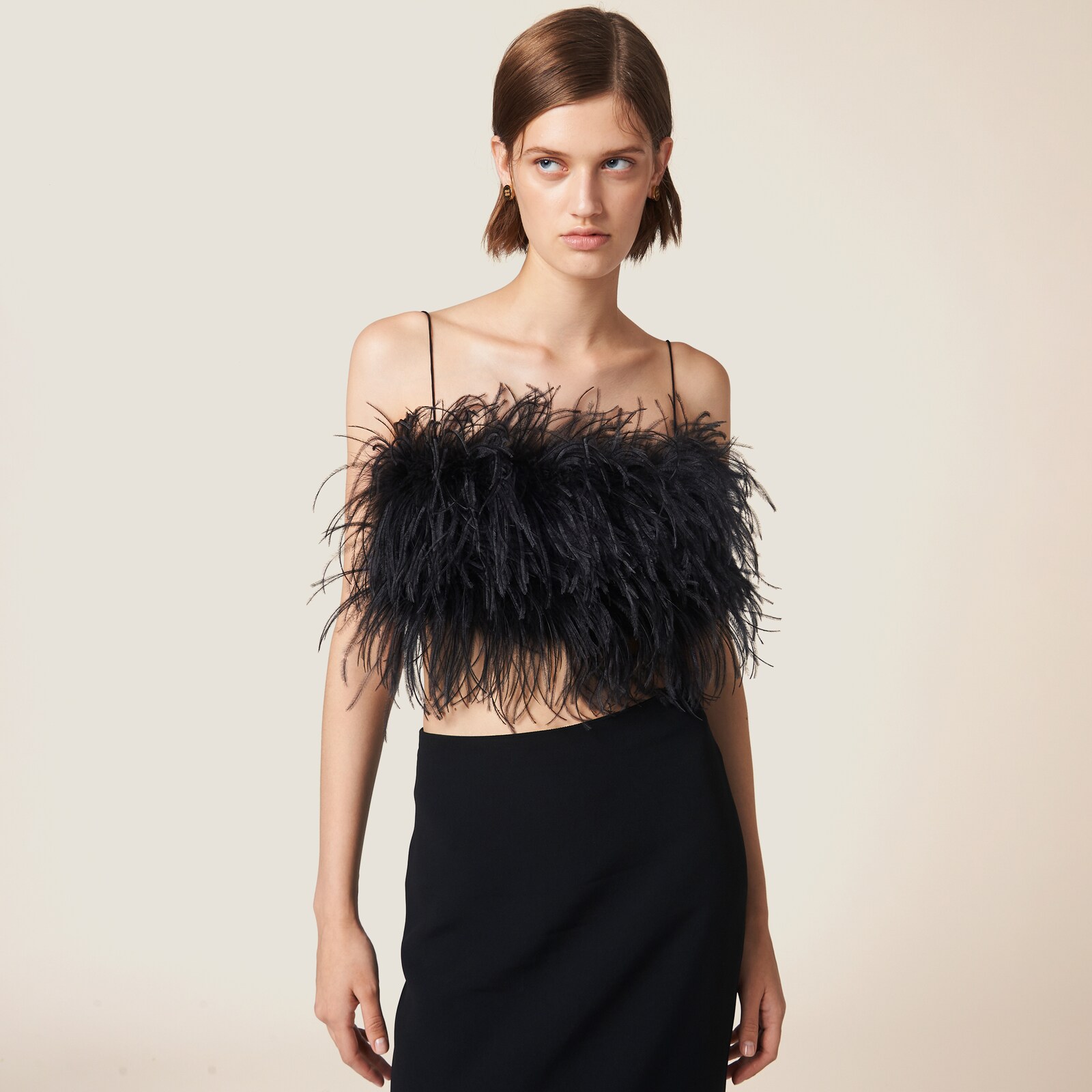 Black Feather-trimmed Grain De Poudre Top | Miu Miu