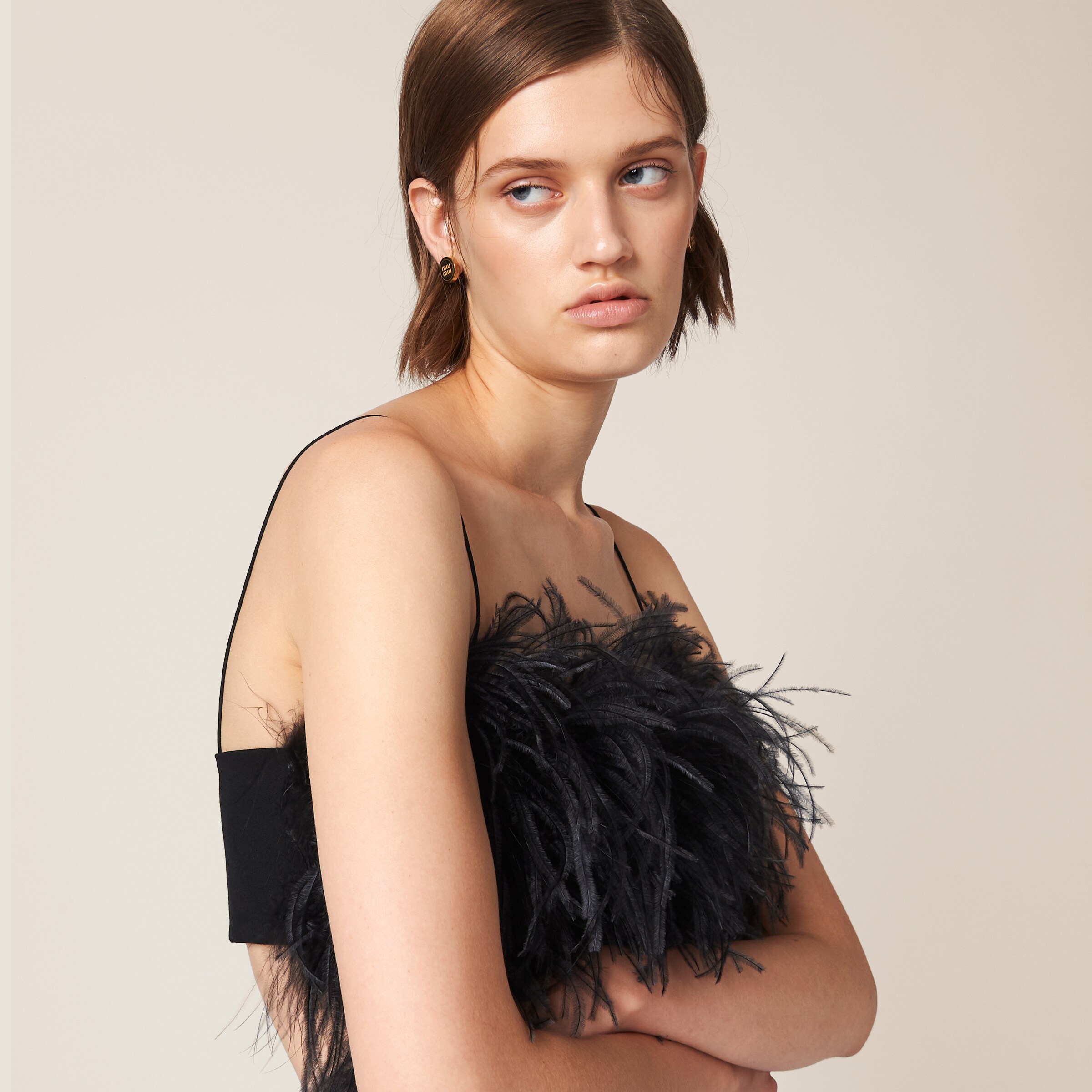 Black Feather-trimmed Grain De Poudre Top | Miu Miu