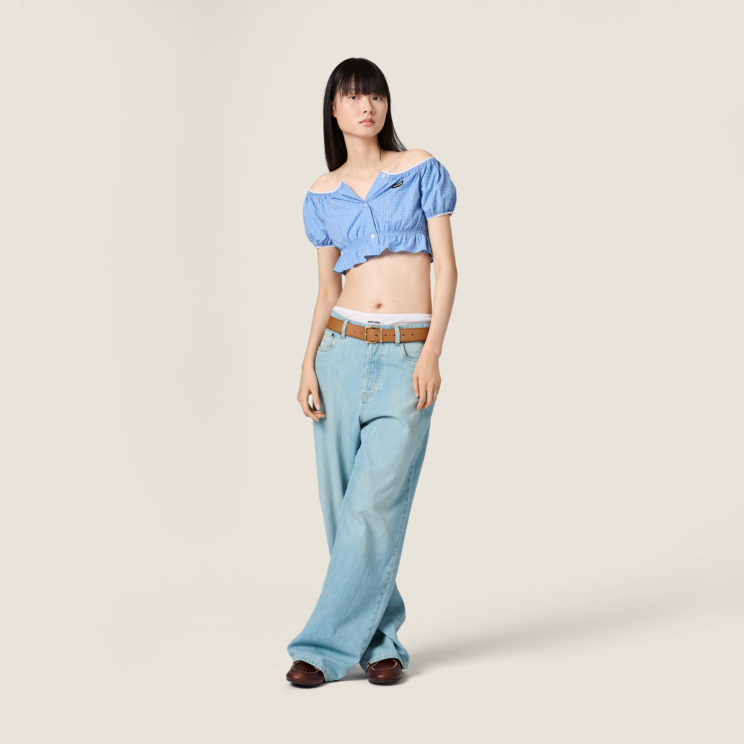 Light Blue Checked Poplin Crop Top | Miu Miu - Australia