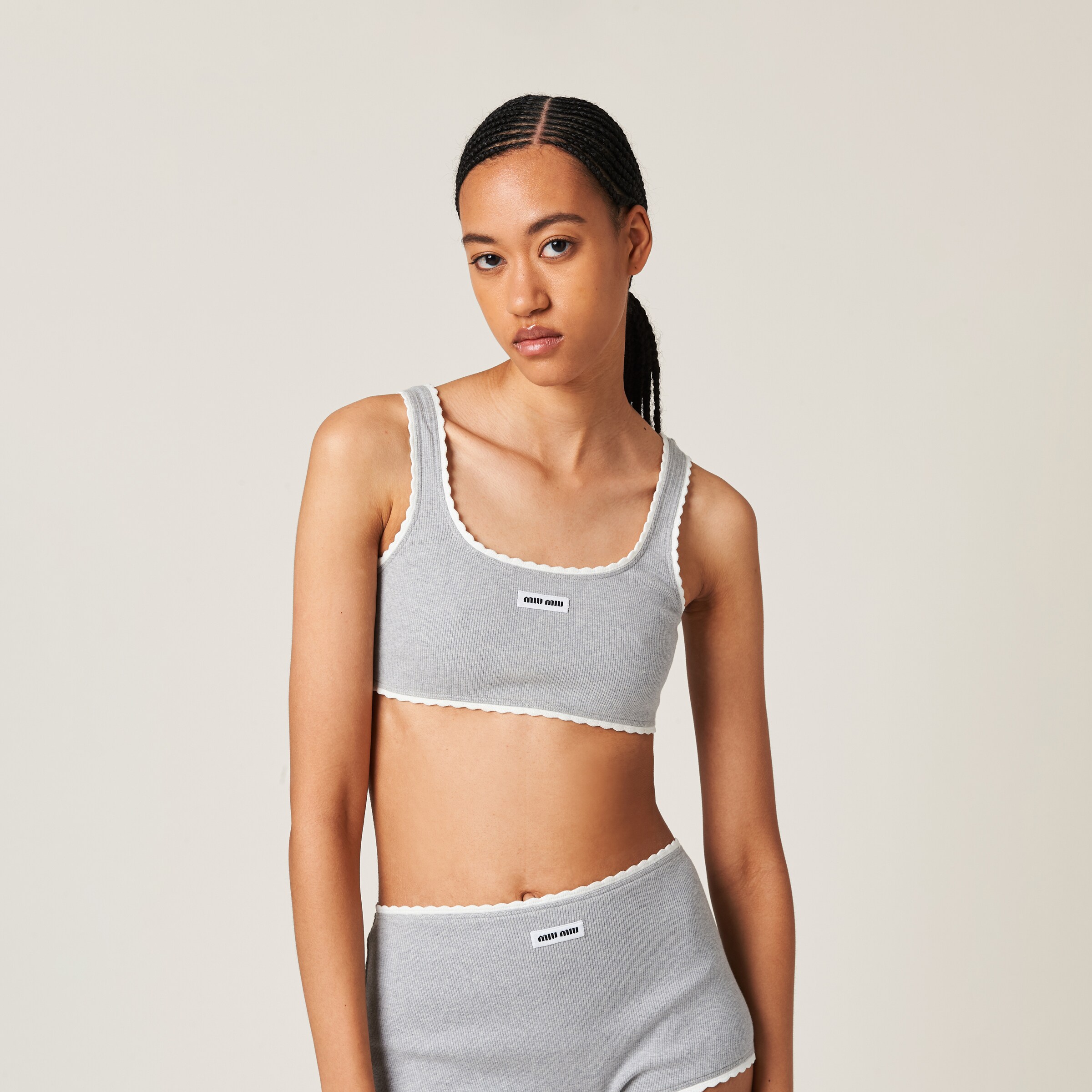 Grey Ribbed Knit Top | Miu Miu